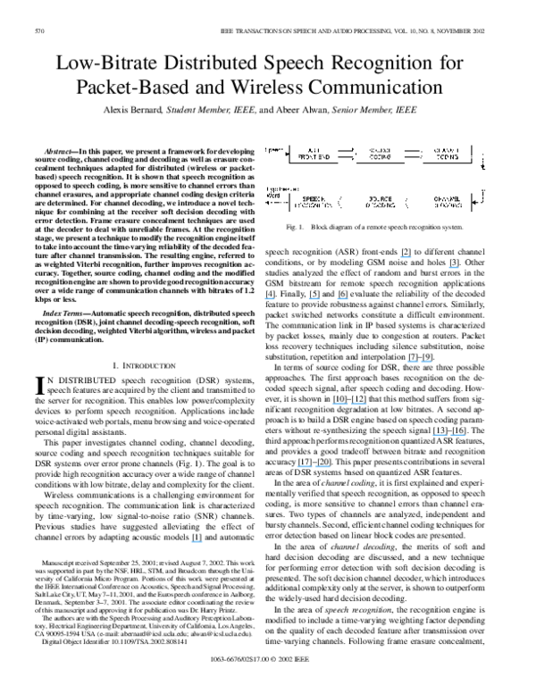 Pdf Low Bitrate Distributed Speech Recognition For Packet Based And Wireless Communication