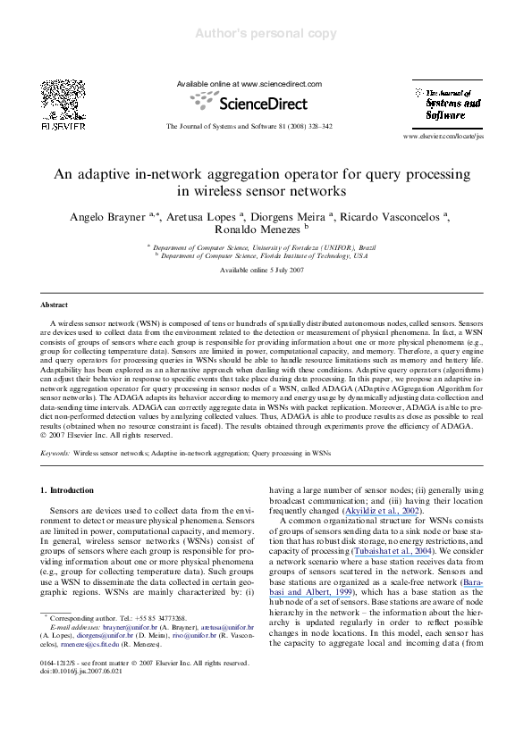 (PDF) An adaptive in-network aggregation operator for query processing in wireless sensor networks