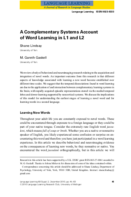 (PDF) A Complementary Systems Account of Word Learning in L1 and L2