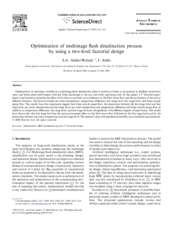 Pdf Optimization Of Multistage Flash Desalination Process By Using A Two Level Factorial Design