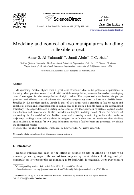 Pdf Modeling And Control Of Two Manipulators Handling A Flexible Object