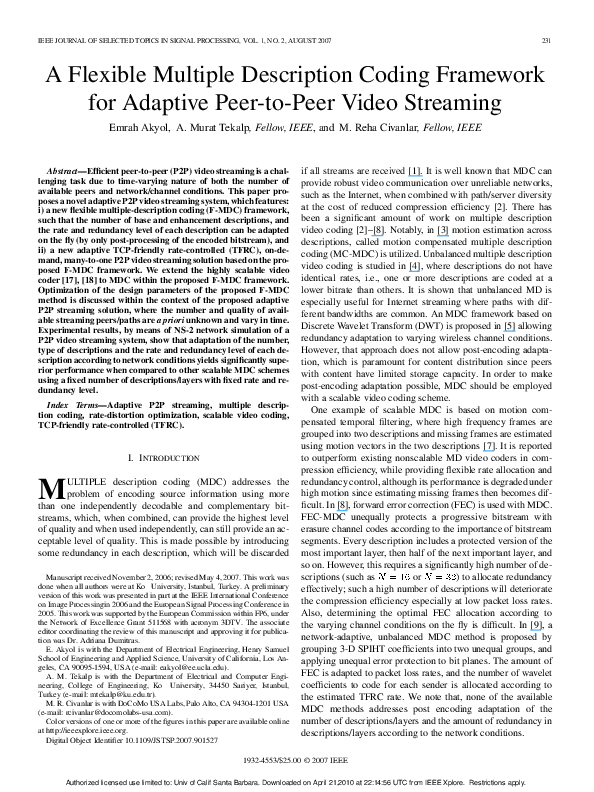 Pdf A Flexible Multiple Description Coding Framework For Adaptive Peer To Peer Video Streaming 