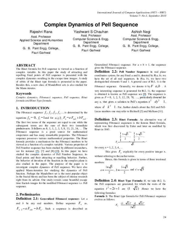 (PDF) Complex Dynamics of Pell Sequence