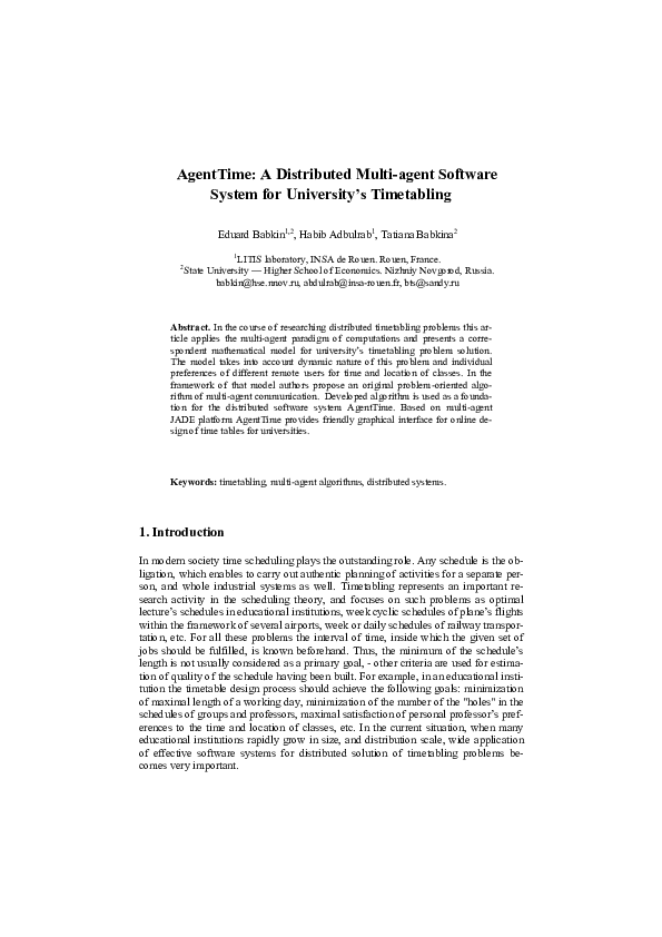 (PDF) AgentTime: A Distributed Multi-agent Software System for University’s Timetabling