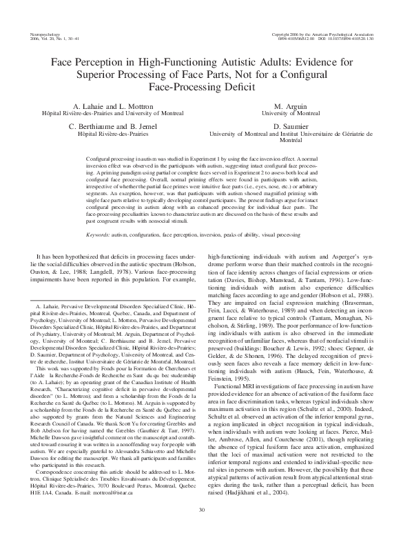 (PDF) Face Perception in High-Functioning Autistic Adults: Evidence for ...