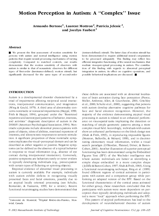 (PDF) Motion Perception in Autism: A Complex Issue