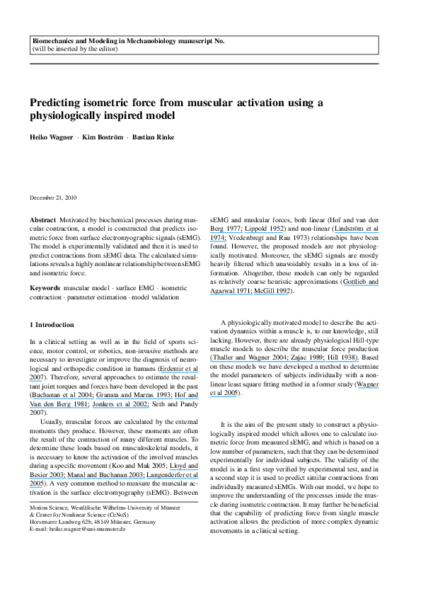 (PDF) Predicting isometric force from muscular activation using a physiologically inspired model