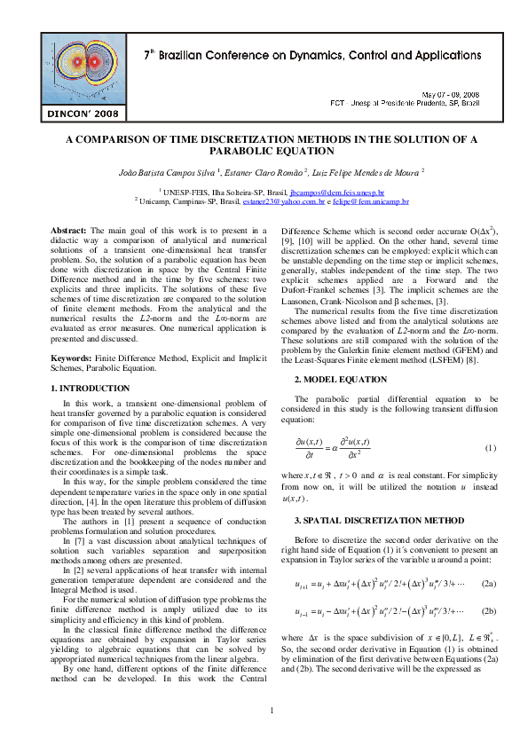 Pdf A Comparison Of Time Discretization Methods In The Solution Of A Parabolic Equation