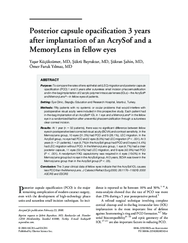 (PDF) Posterior capsule opacification 3 years after implantation of an AcrySof and a MemoryLens ...