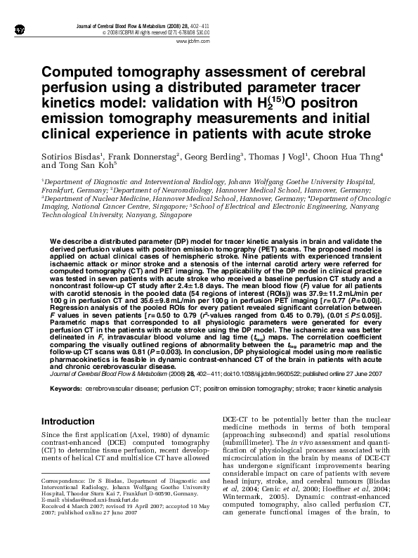 Pdf Computed Tomography Assessment Of Cerebral Perfusion Using A Distributed Parameter Tracer