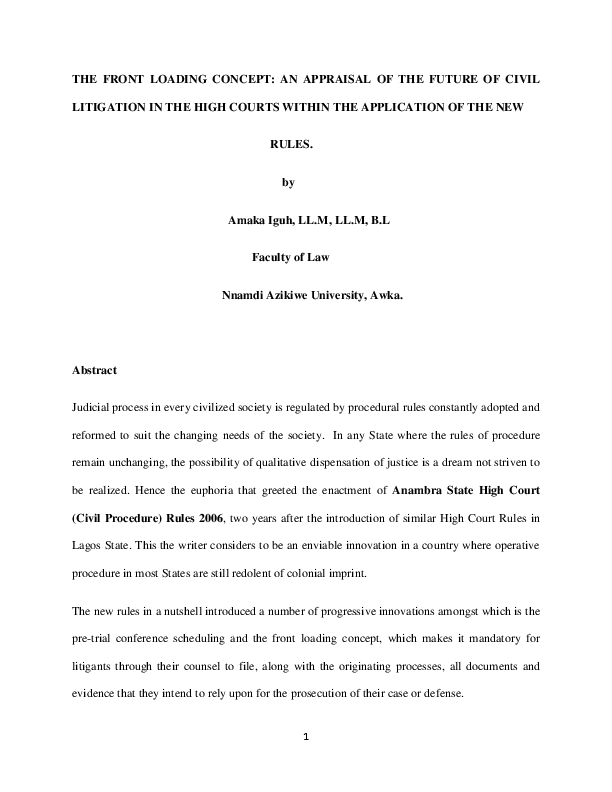 (PDF) THE FRONT LOADING CONCEPT: AN APPRAISAL OF THE FUTURE OF CIVIL ...