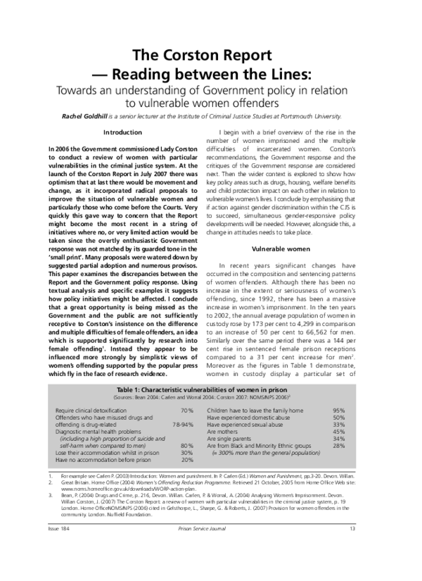 (PDF) The Corston Report - Reading between the lines. Towards an ...