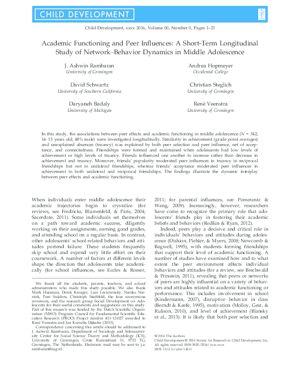 (PDF) Academic Functioning and Peer Influences: A Short-Term Longitudinal Study of Network ...