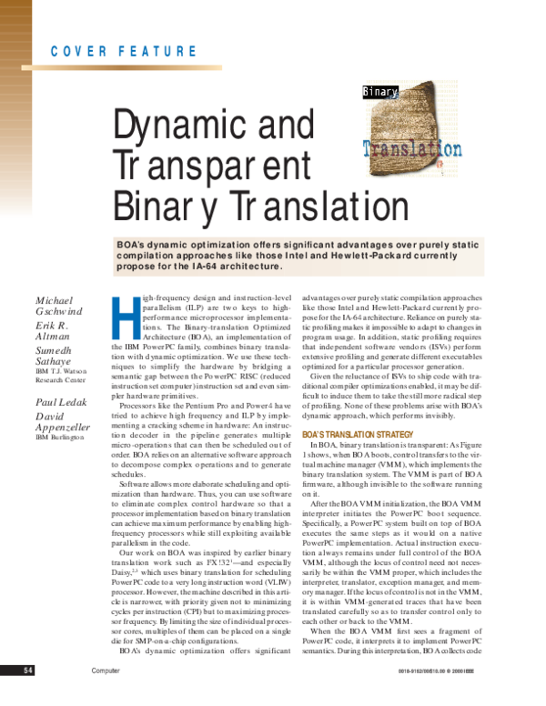 (PDF) Dynamic and transparent binary translation