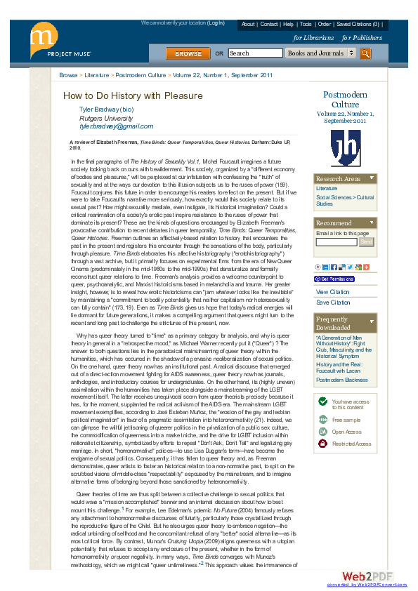 (PDF) "How to Do History with Pleasure." Review of Elizabeth Freeman, Time Binds: Queer ...
