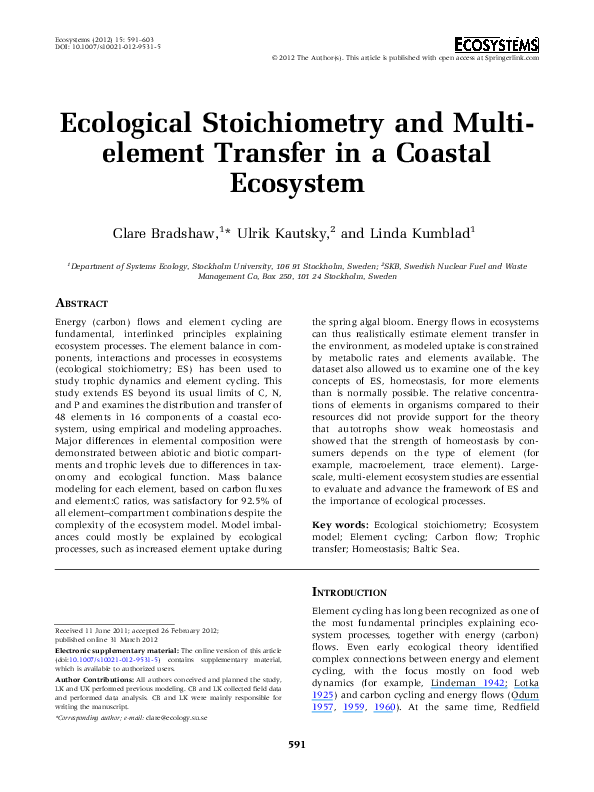 (PDF) Ecological Stoichiometry and Multi-element Transfer in a Coastal ...
