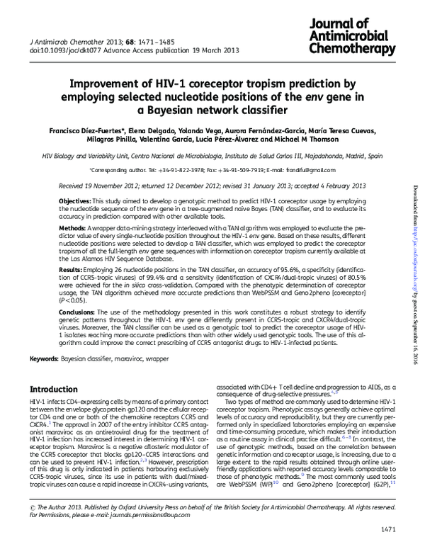 (PDF) Improvement of HIV-1 coreceptor tropism prediction by employing selected nucleotide ...