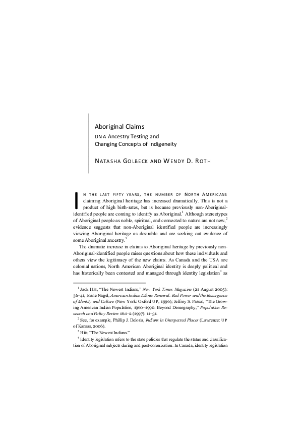 (PDF) Aboriginal Claims: DNA Ancestry Testing and Changing Concepts of ...