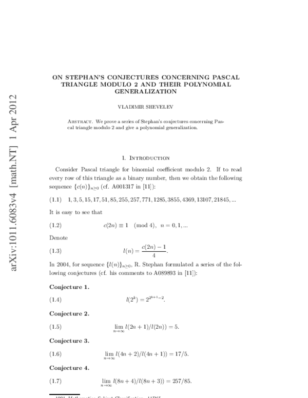 (PDF) On Stephan's Conjectures Concerning Pascal Triangle Modulo 2 and Their Polynomial ...