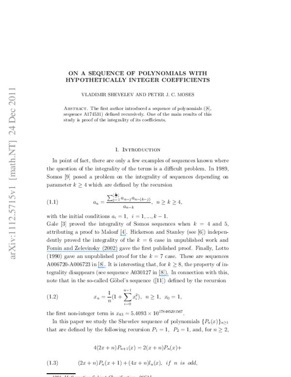 (PDF) On a sequence of polynomials with hypothetically integer ...