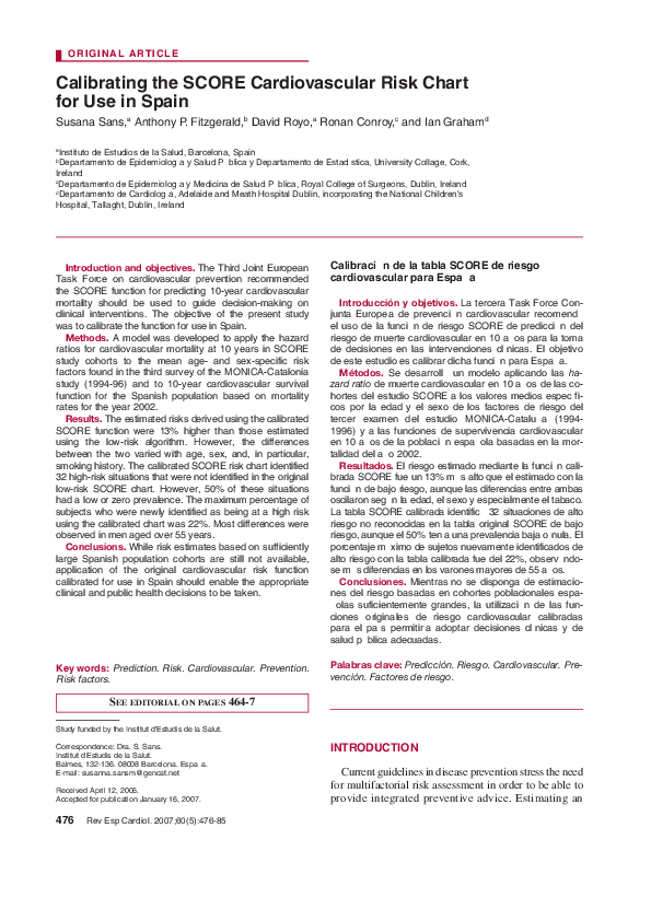 (PDF) Calibrating the SCORE cardiovascular risk chart for use in Spain