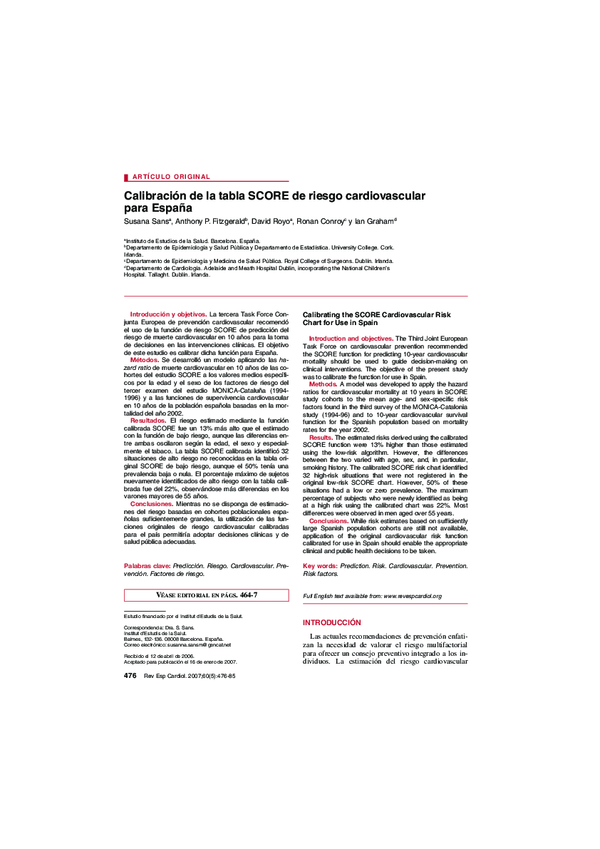 (PDF) Calibración de la tabla SCORE de riesgo cardiovascular para España