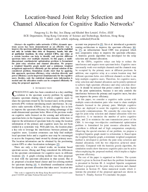 (PDF) Location-Based Joint Relay Selection and Channel Allocation for Cognitive Radio Networks