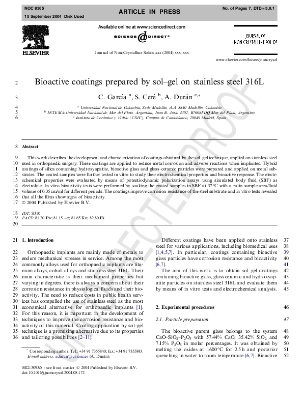 (PDF) Bioactive coatings prepared by sol–gel on stainless steel 316L