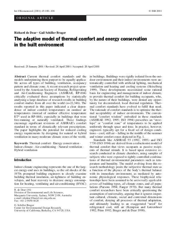 (PDF) The adaptive model of thermal comfort and energy conservation in ...