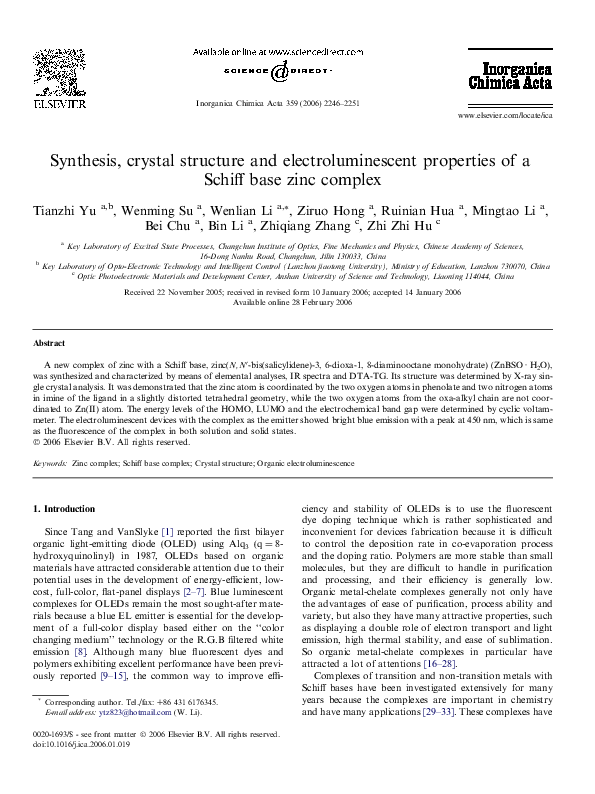 (PDF) Synthesis, crystal structure and electroluminescent properties of a Schiff base zinc complex