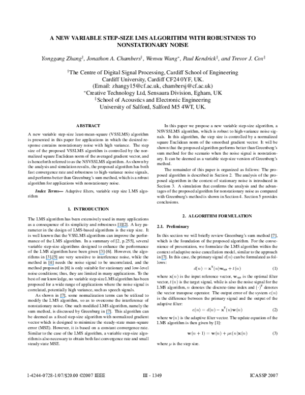 Pdf A New Variable Step Size Lms Algorithm With Robustness To