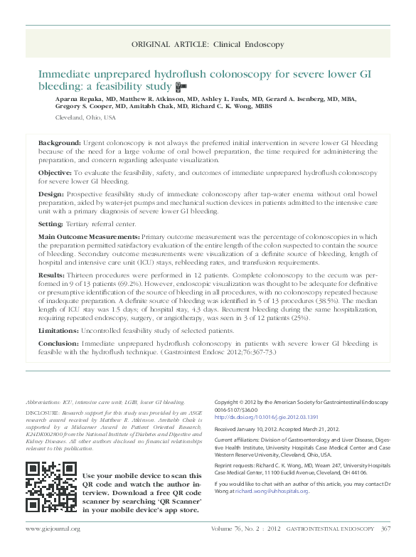 (PDF) Immediate unprepared hydroflush colonoscopy for severe lower GI bleeding: a feasibility study