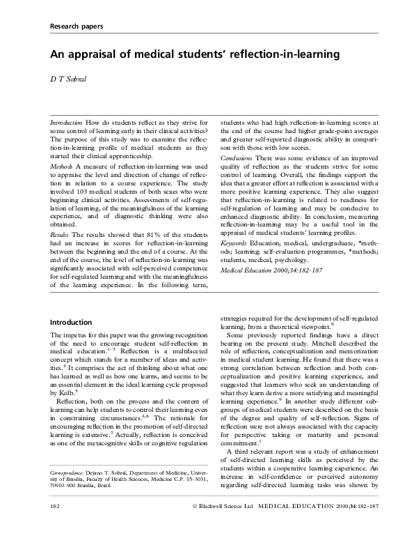 (PDF) An appraisal of medical students' reflection-in-learning