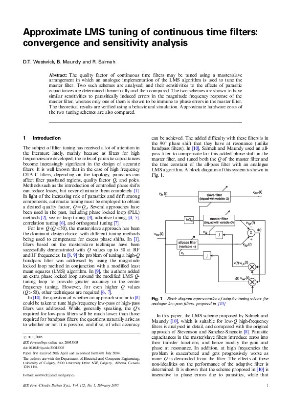 Pdf Approximate Lms Tuning Of Continuous Time Filters Convergence And Sensitivity Analysis