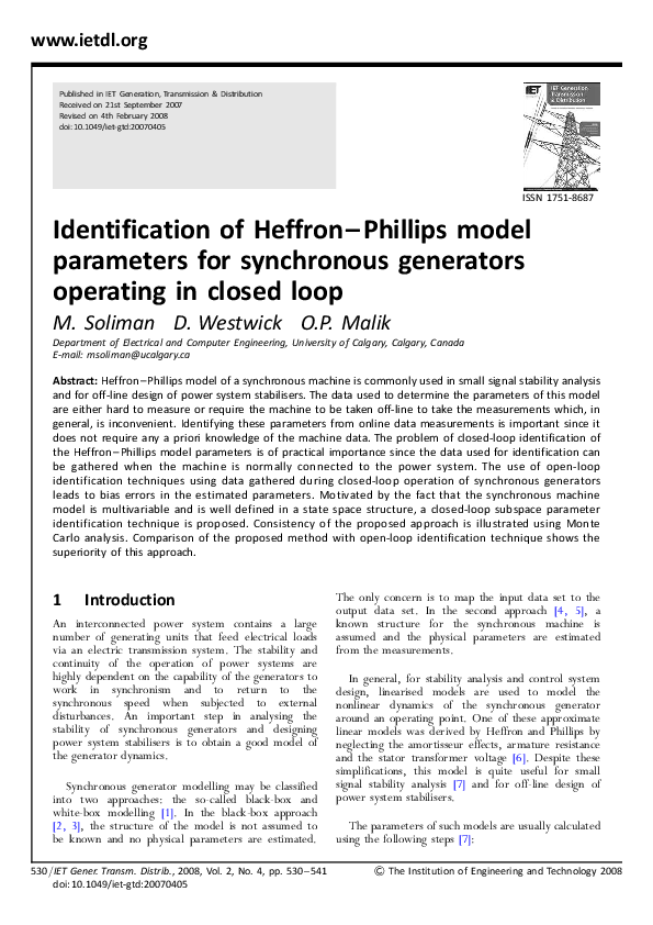 Pdf Identification Of Heffronphillips Model Parameters For Synchronous Generators Operating