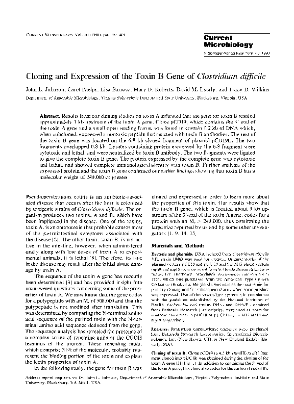 (PDF) Cloning and expression of the toxin B gene of Clostridium difficile