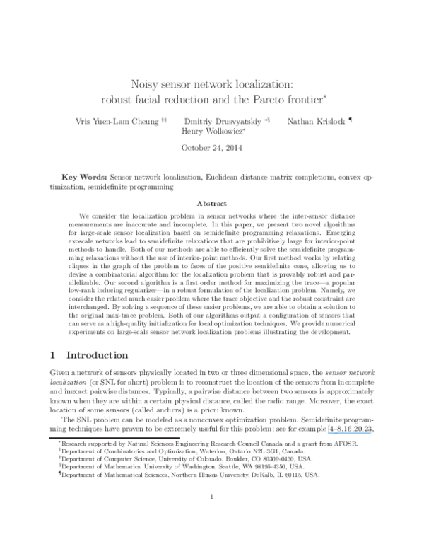 Pdf Noisy Sensor Network Localization Robust Facial Reduction And The Pareto Frontier 