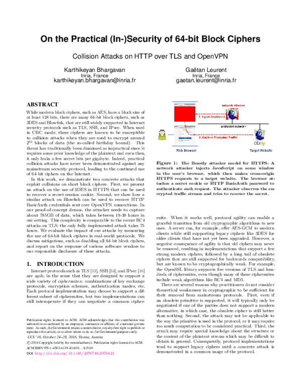 (PDF) On the Practical (In-)Security of 64-bit Block Ciphers Collision Attacks on HTTP over TLS ...