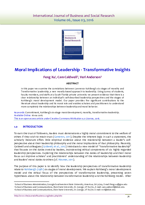 (PDF) Moral Implications of Leadership -Transformative Insights