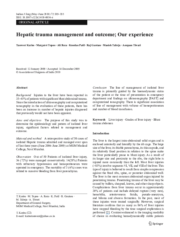 (PDF) Hepatic trauma management and outcome; Our experience