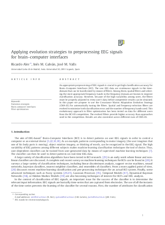 Pdf Applying Evolution Strategies To Preprocessing Eeg Signals For Braincomputer Interfaces