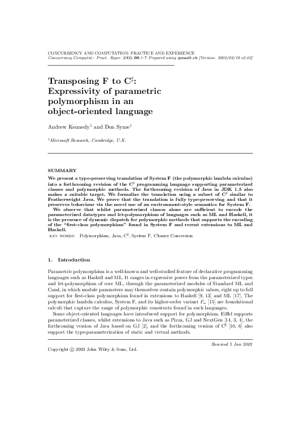 (PDF) Transposing F to C ) : Expressivity of parametric polymorphism in an object-oriented language