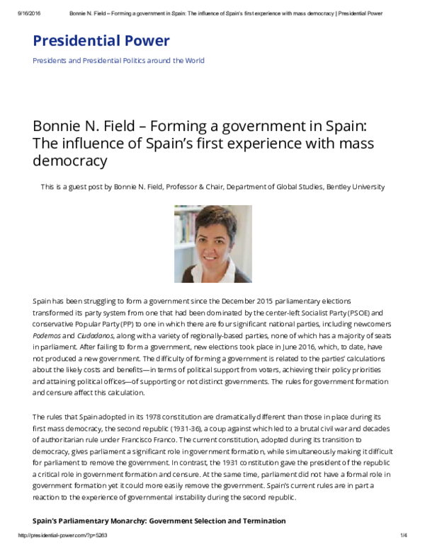 (PDF) Forming a government in Spain: The influence of Spain’s first ...