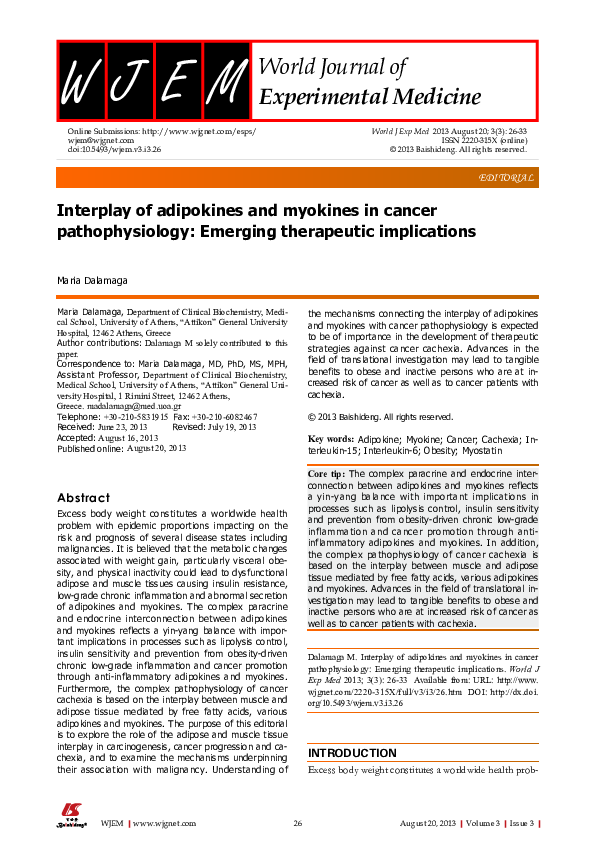 (PDF) Interplay of adipokines and myokines in cancer pathophysiology: Emerging therapeutic ...