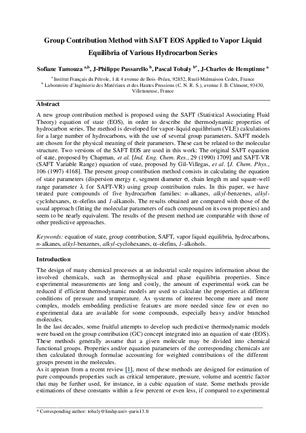 (PDF) Group contribution method with SAFT EOS applied to vapor liquid ...