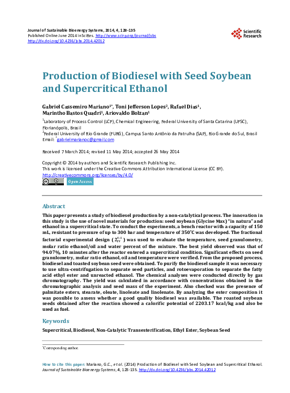 (PDF) Production of Biodiesel with Seed Soybean and Supercritical Ethanol