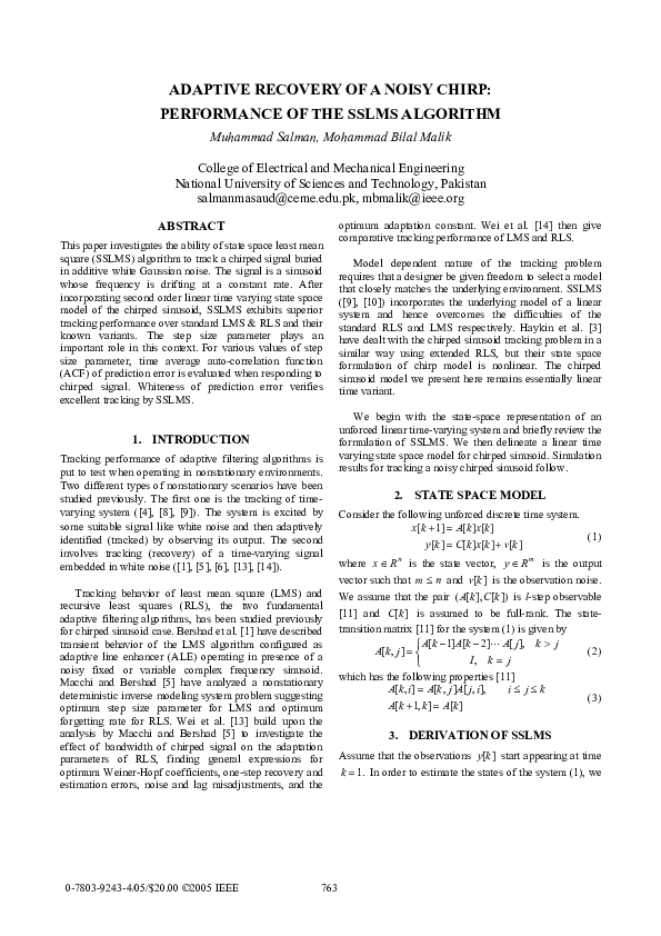 Pdf Adaptive Recovery Of A Noisy Chirp Performance Of The Sslms Algorithm