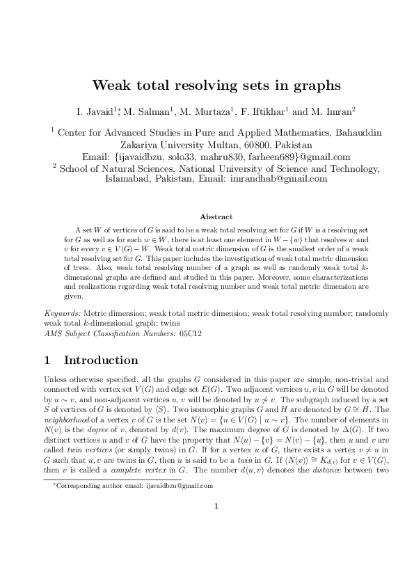 (PDF) Weak total resolving sets in graphs