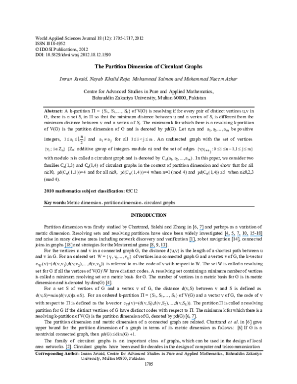 (PDF) The Partition Dimension of Circulant Graphs