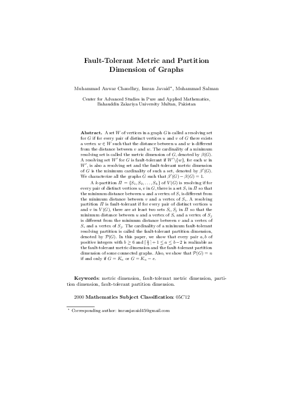 Pdf Fault Tolerant Metric And Partition Dimension Of Graphs